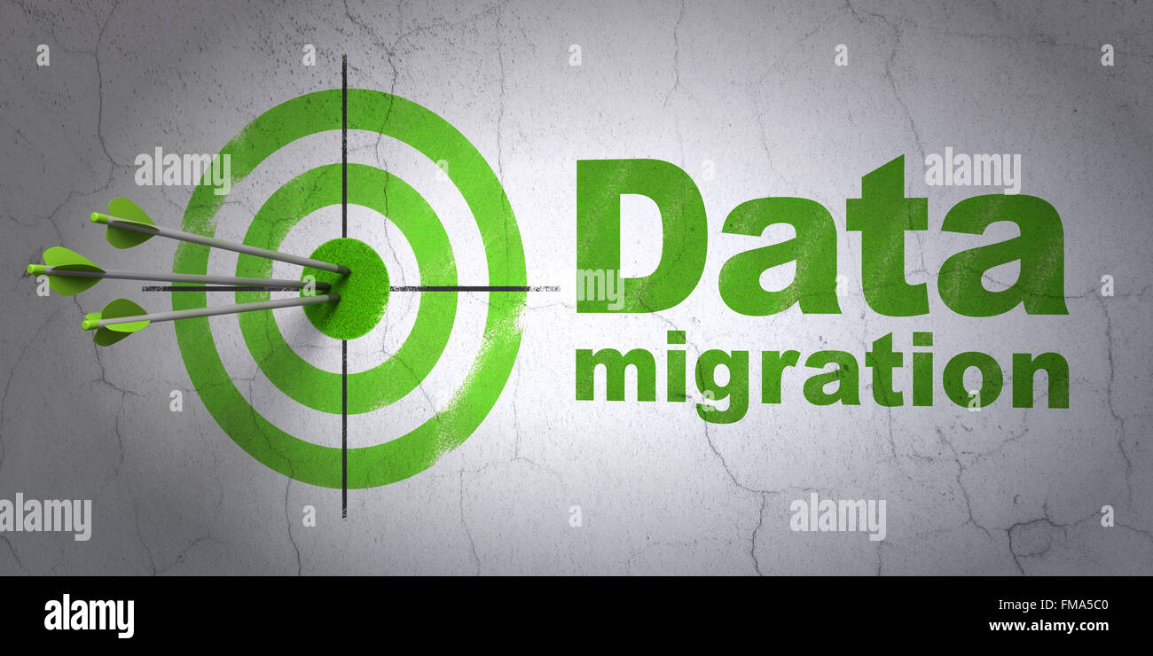 Information concept: target and Data Migration on wall background Stock ...