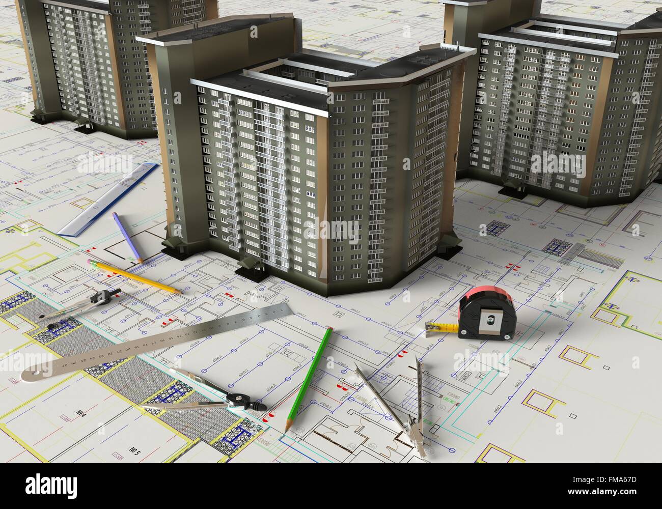 Rendering of the house architectural drawing and layout Stock Photo - Alamy