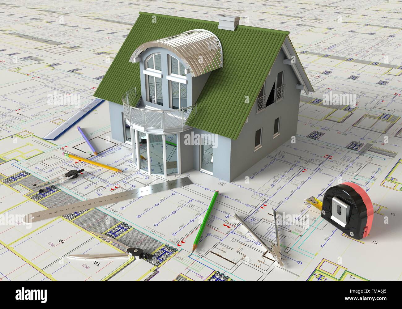 Rendering of the house architectural drawing and layout Stock Photo - Alamy