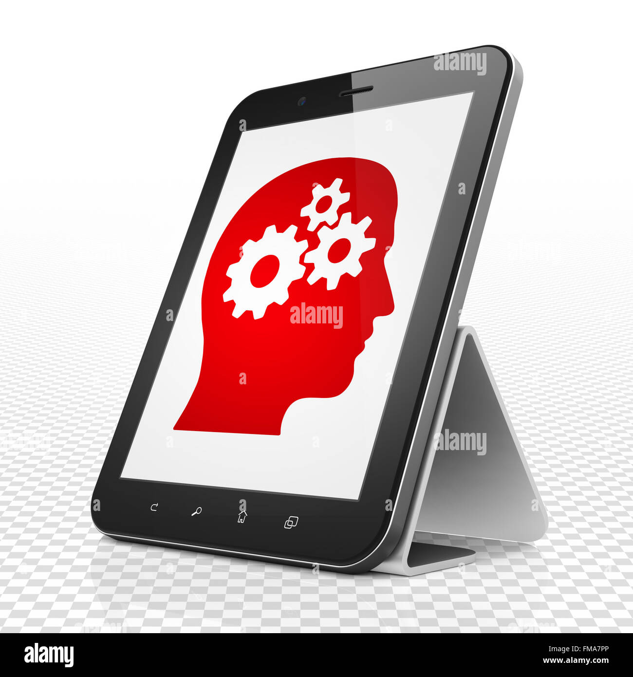 Finance concept: Tablet Computer with Head With Gears on display Stock ...