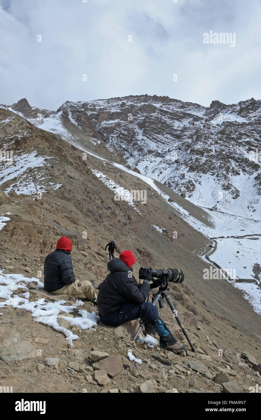 Nature photographers on the barren snow covered mountain slopes in the ...