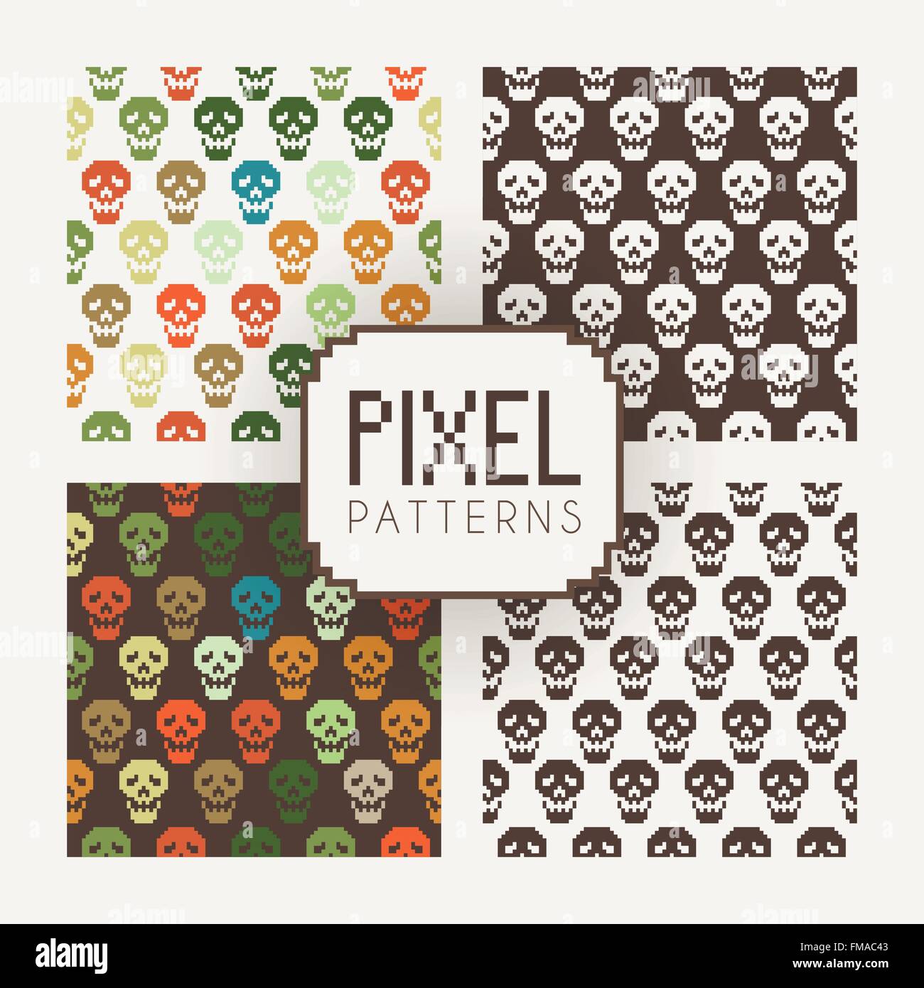 Set of vector seamless colorful and monochrome patterns of pixel skulls ...