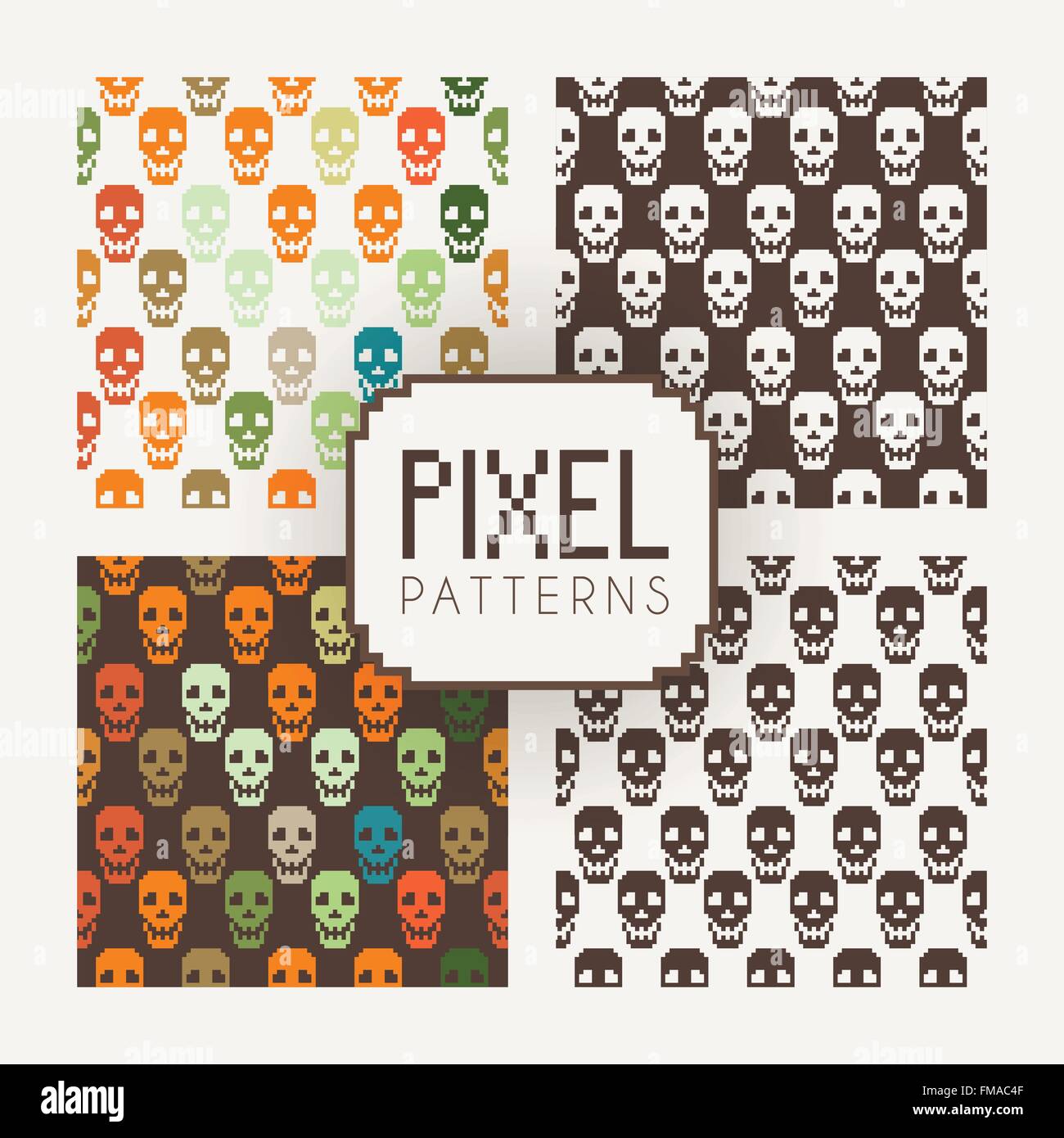 Set of vector seamless colorful and monochrome patterns of pixel skulls ...