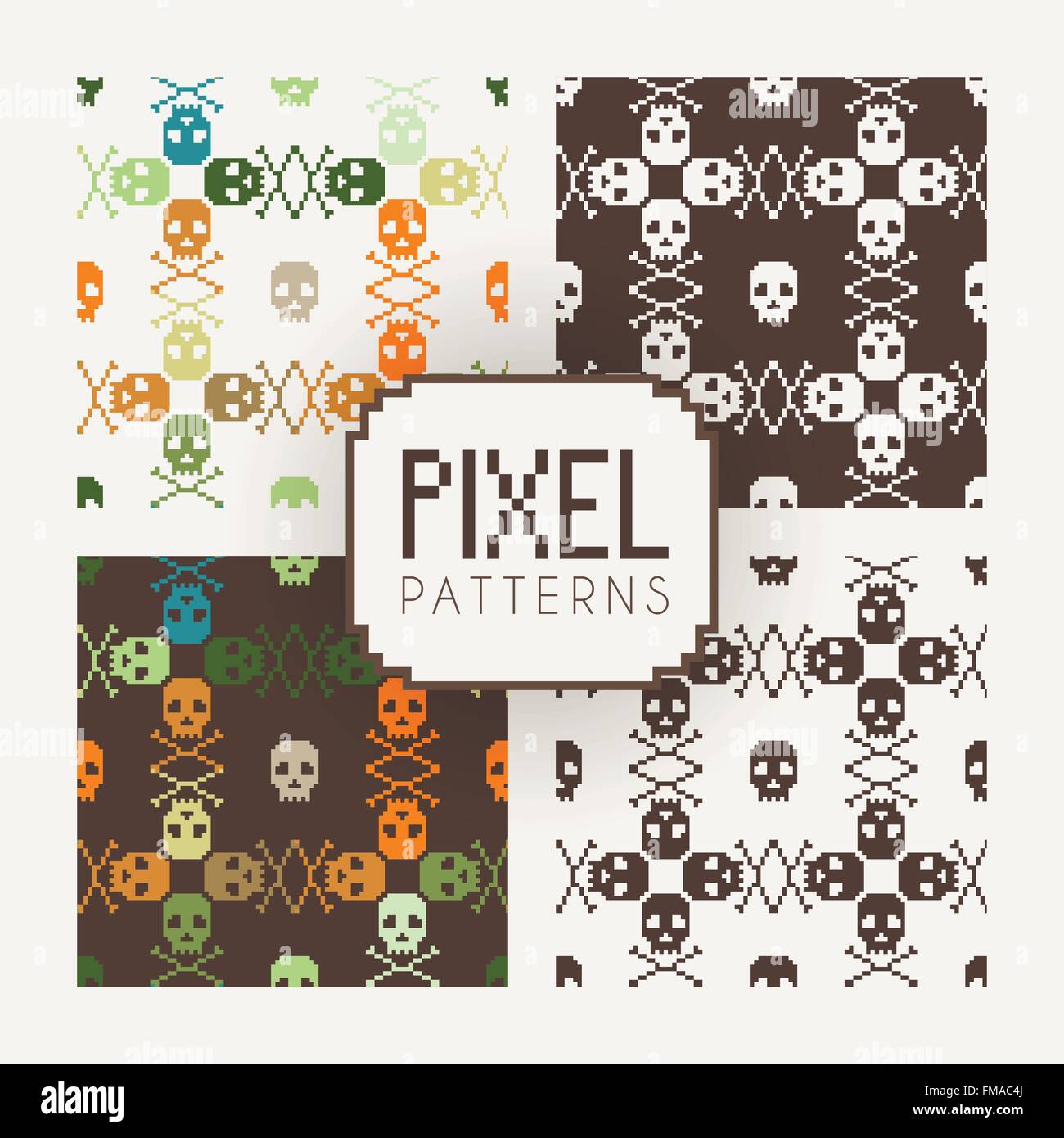 Set of vector seamless colorful and monochrome patterns of pixel skulls ...
