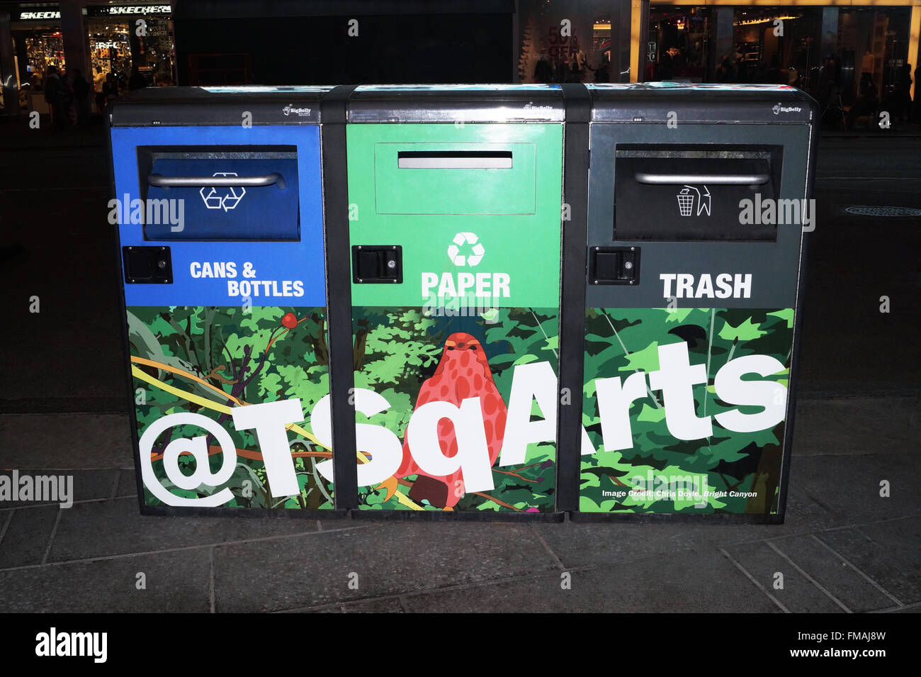 3 trashcans side by side in Times Square Stock Photo - Alamy