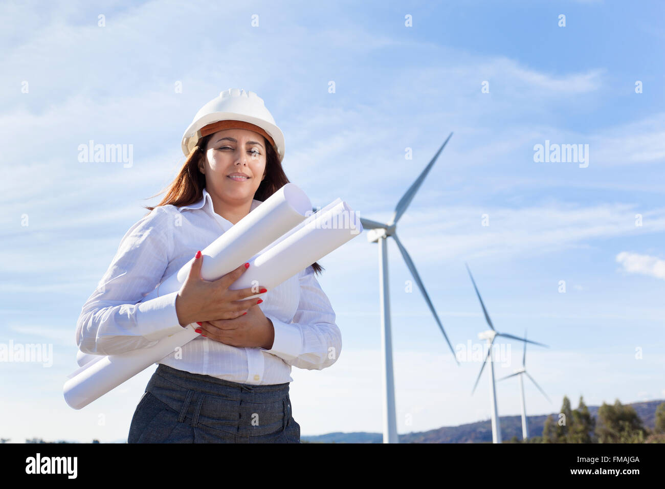Environmental engineer holding blueprints at wind farm Stock Photo - Alamy