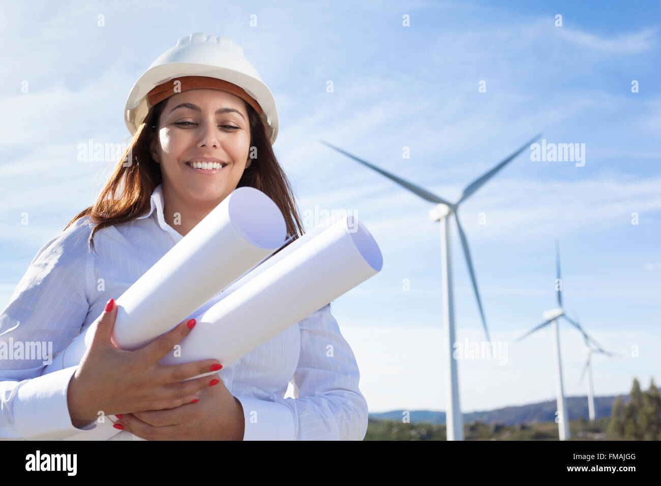 Environmental engineer holding blueprints at wind farm Stock Photo - Alamy