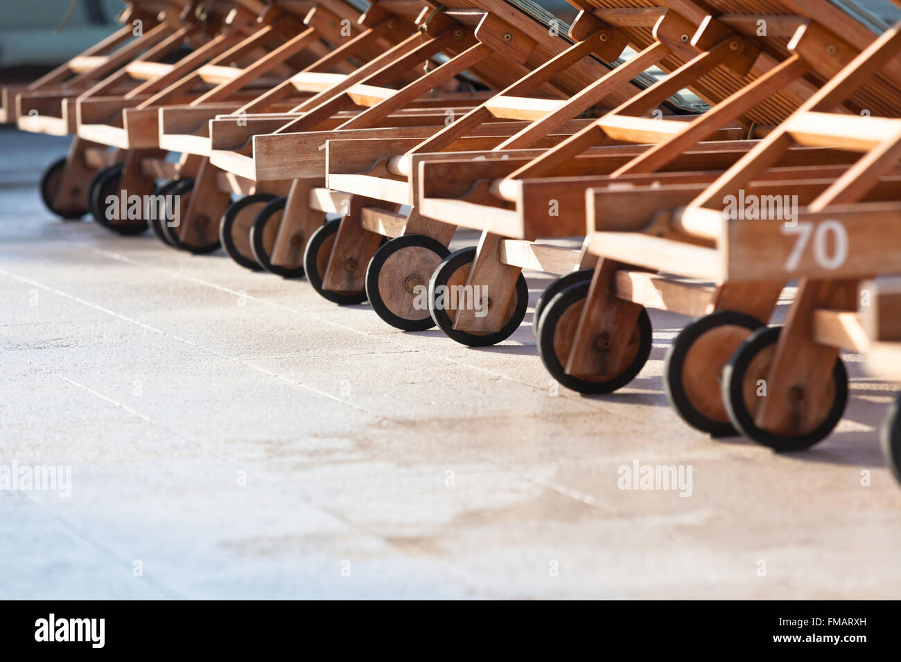 Hotel Wooden Poolside Chairs Detail Close Up. Horizontal shot Stock ...