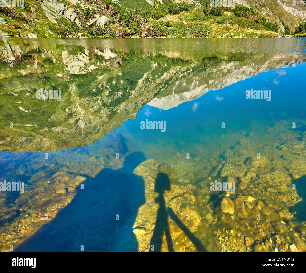 Landscape Photographer Shadow Reflection in Mountain Lake Water Stock ...