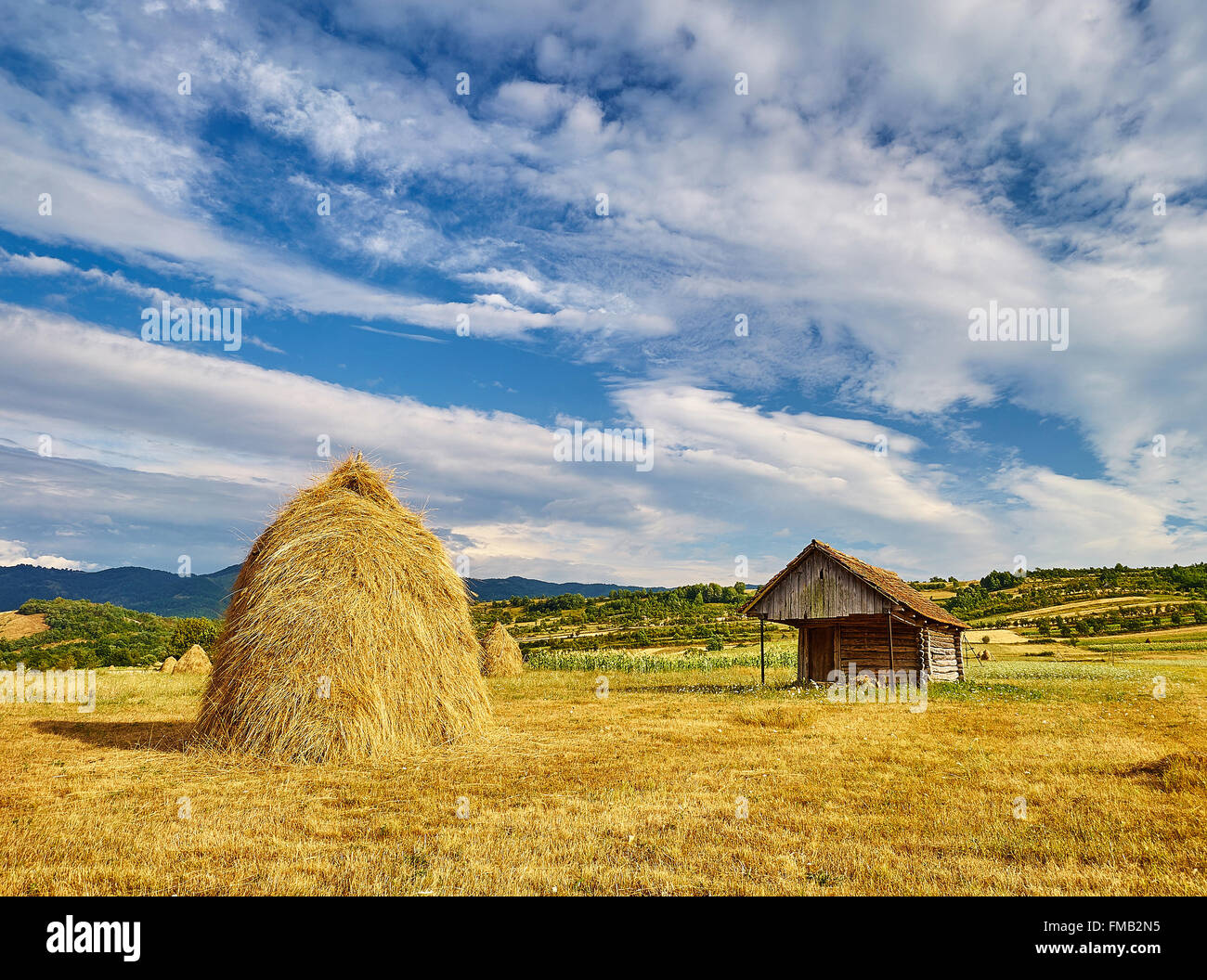 Countryside landscape with haystack, small barn, yellow filed and ...