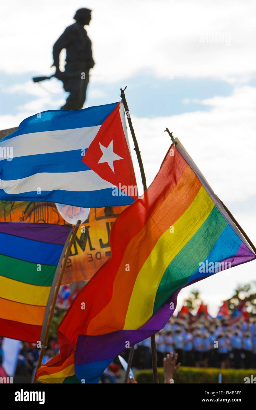 Cuba, Villa Clara, Santa Clara, Cuban flags and rainbow before the ...