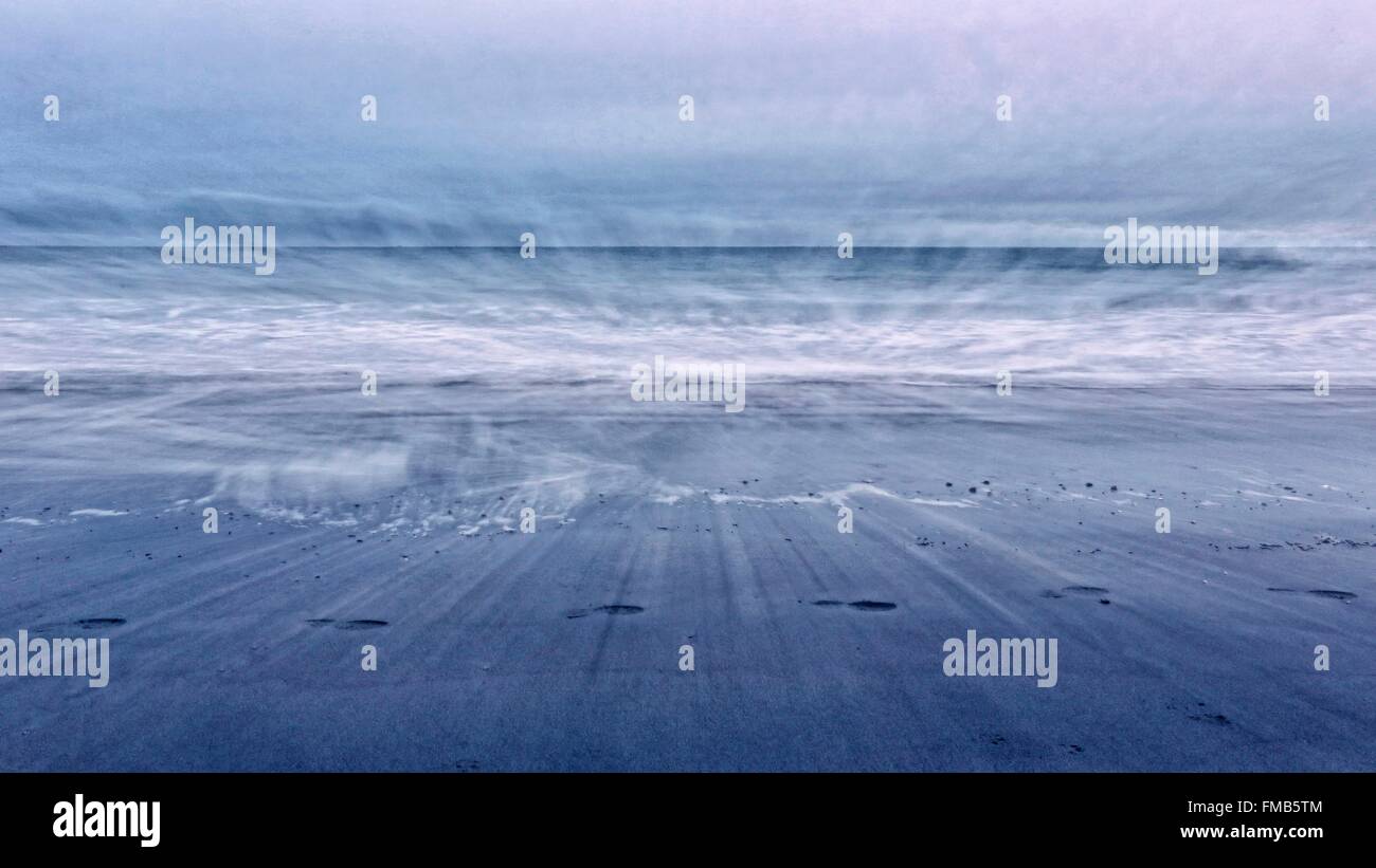 France, Finistere, Fouesnant, Beg Meil, Footprints on the beach of Beg ...