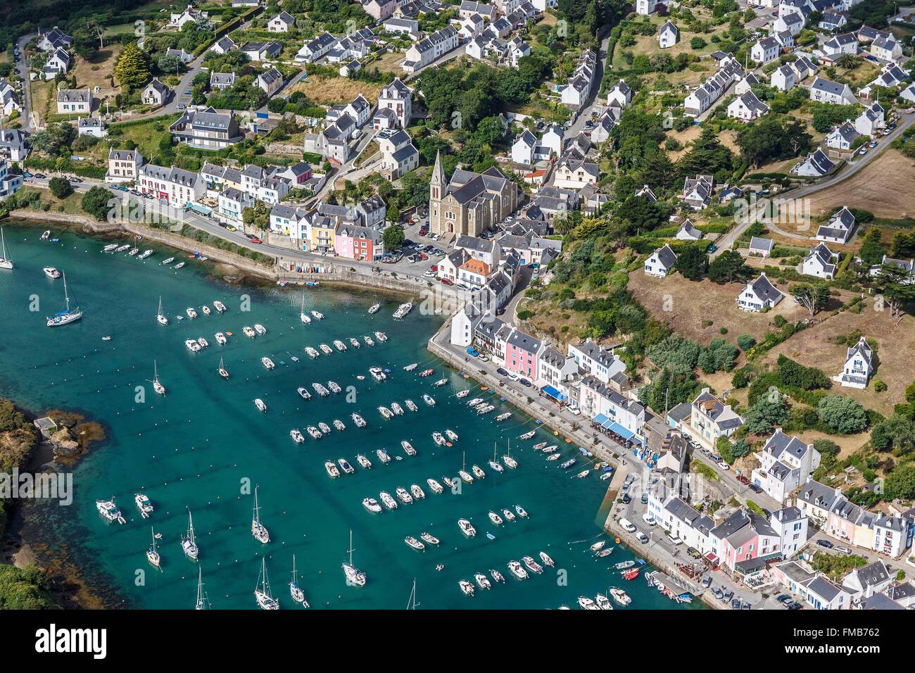 France, Morbihan, Belle Ile, Sauzon, the village (aerial view Stock ...