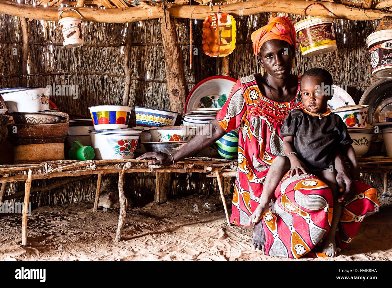 Senegal, Sahel, Ferlo region, Widou Thiengoly, Woman and his child ...