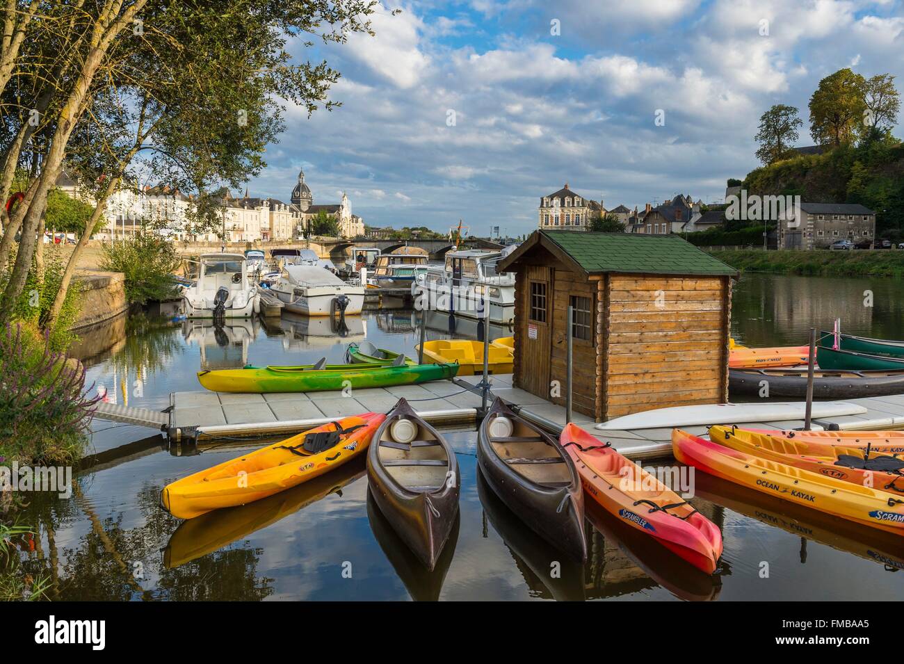 France, Mayenne, Chateau Gontier, the banks of Mayenne river, marina ...