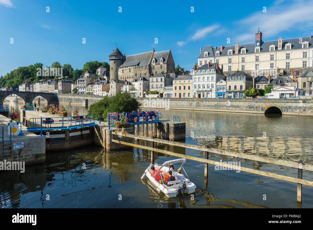 France, Mayenne, Laval, the banks of Mayenne river, the lock and the ...