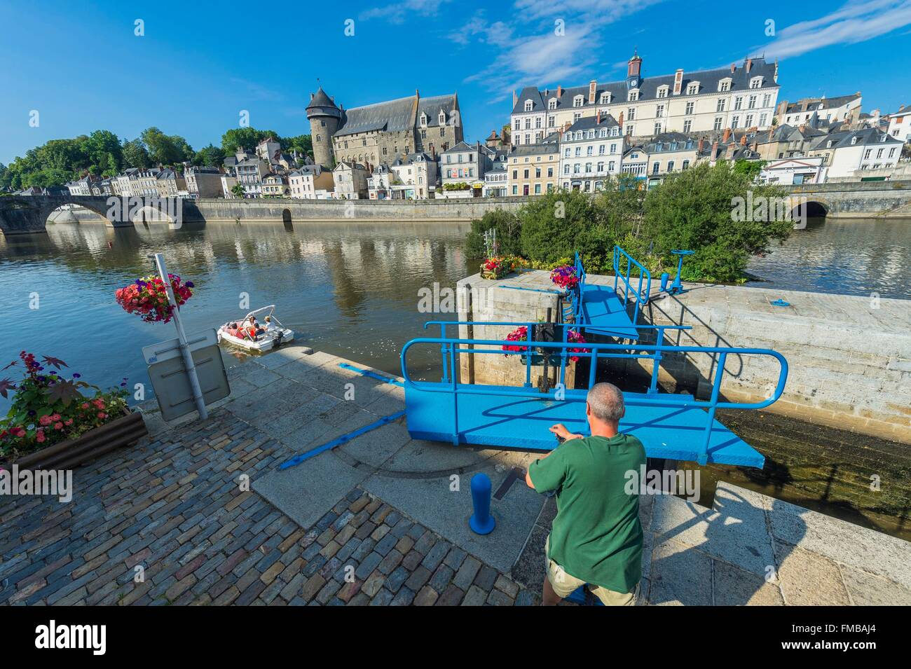 France, Mayenne, Laval, the banks of Mayenne river, the lock and the ...