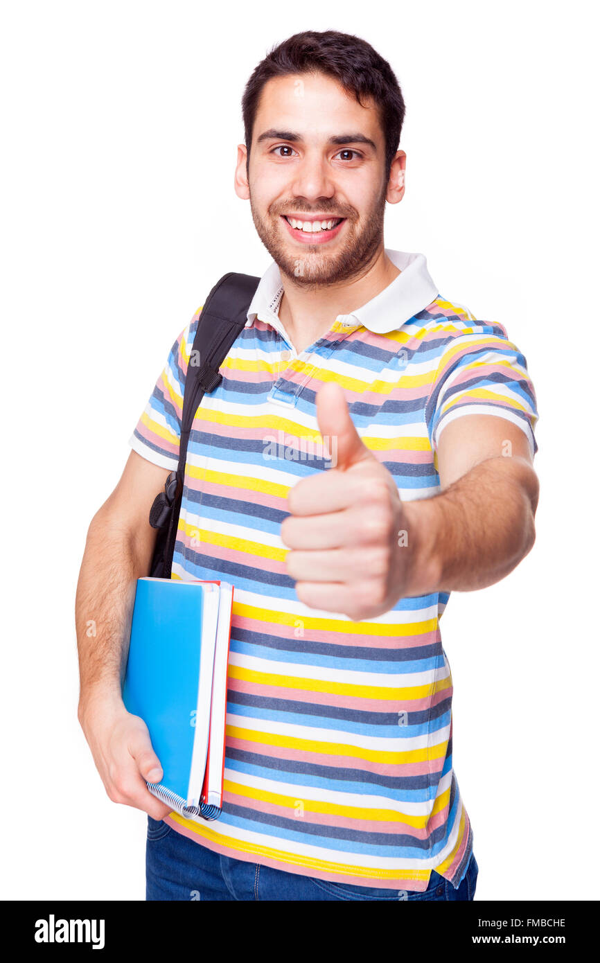 Happy smiling student thumbs up on white background Stock Photo - Alamy