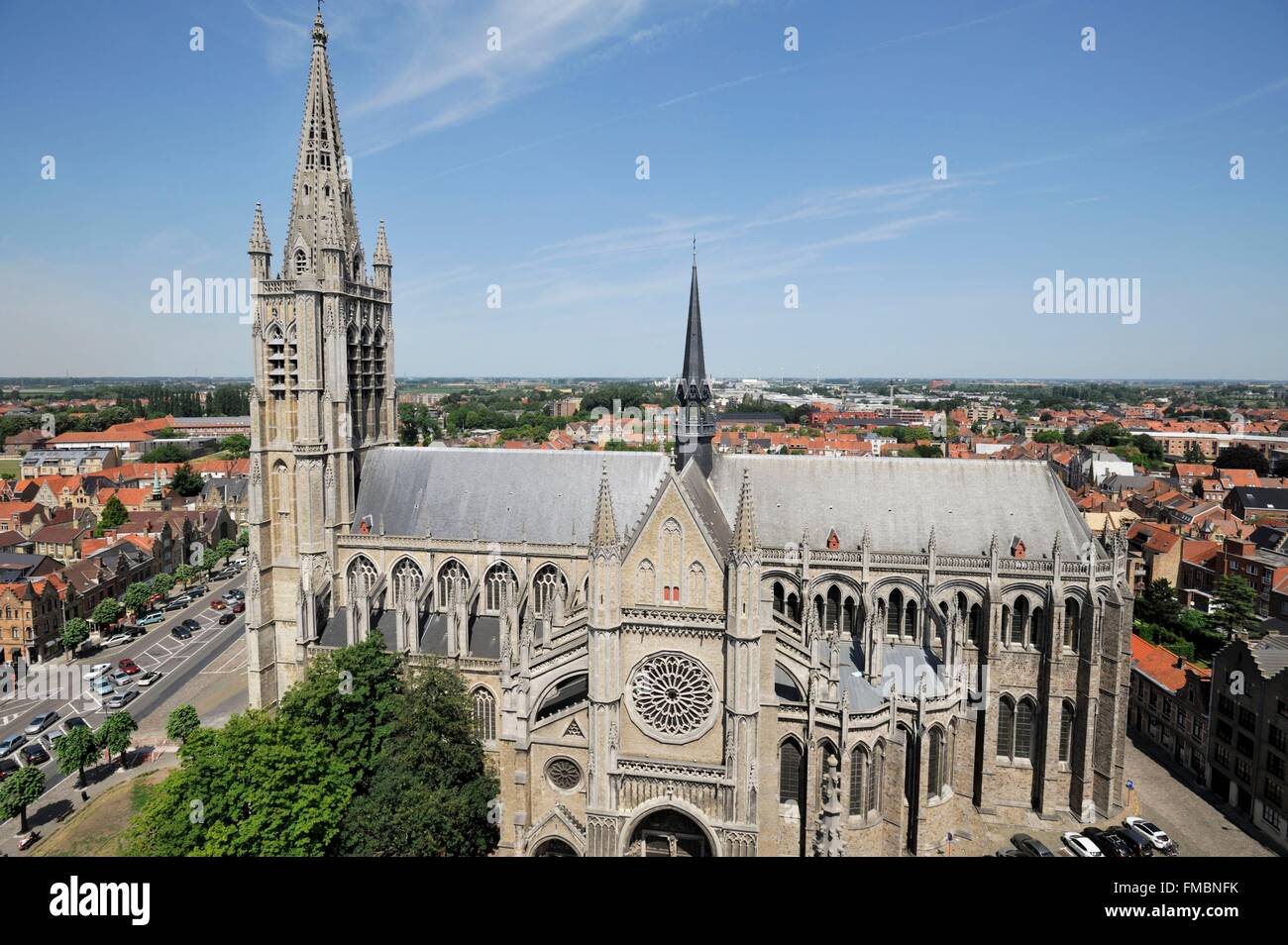 Belgium, West Flanders, Ypres or Ieper, Saint Martin Cathedral view ...