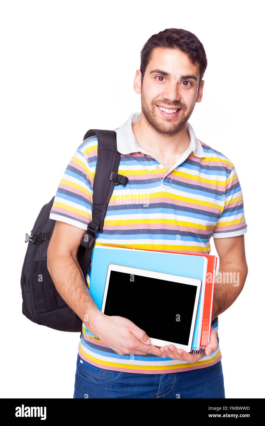 Smiling student holding notebooks and a tablet computer, isolated on ...