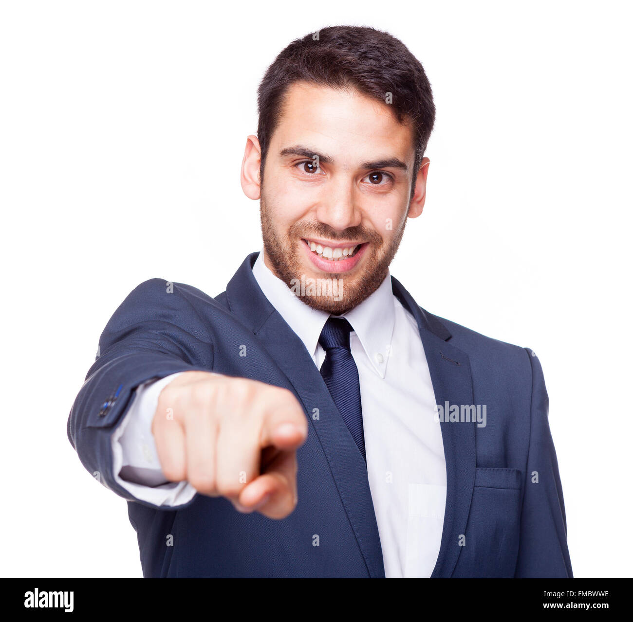 Smiling business man pointing the finger to the camera, isolated on ...