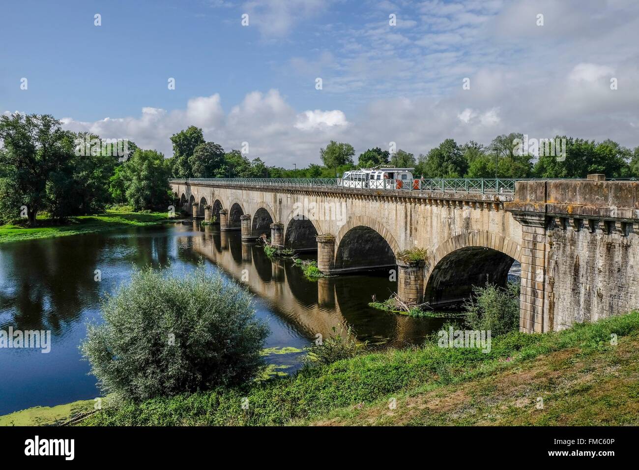 France, Saone et Loire, Digoin, river boat on the channel bridge over ...