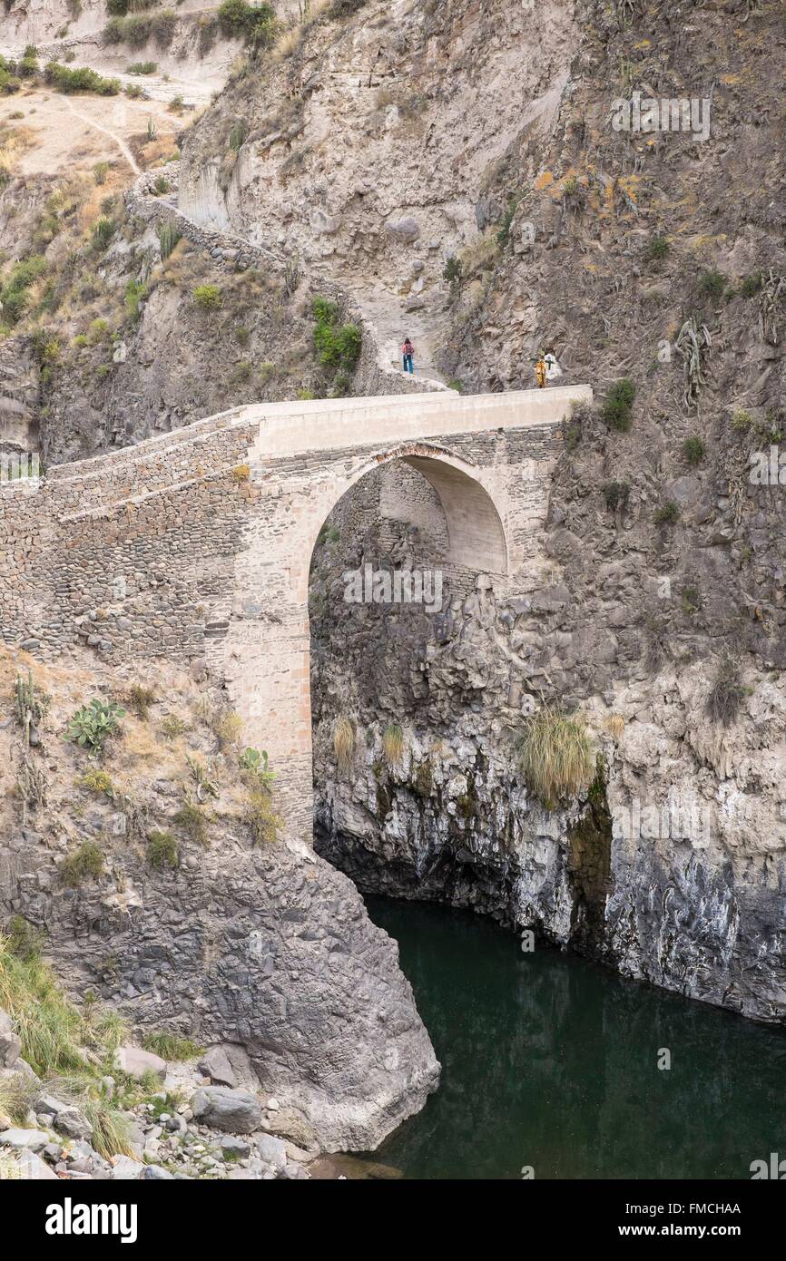Peru, Arequipa Province, Colca canyon, Yanque village, stone bridge ...