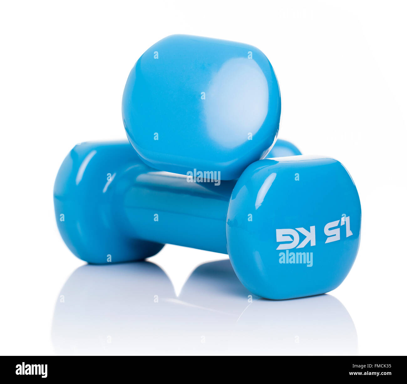 Two blue dumbbells isolated on white background Stock Photo - Alamy