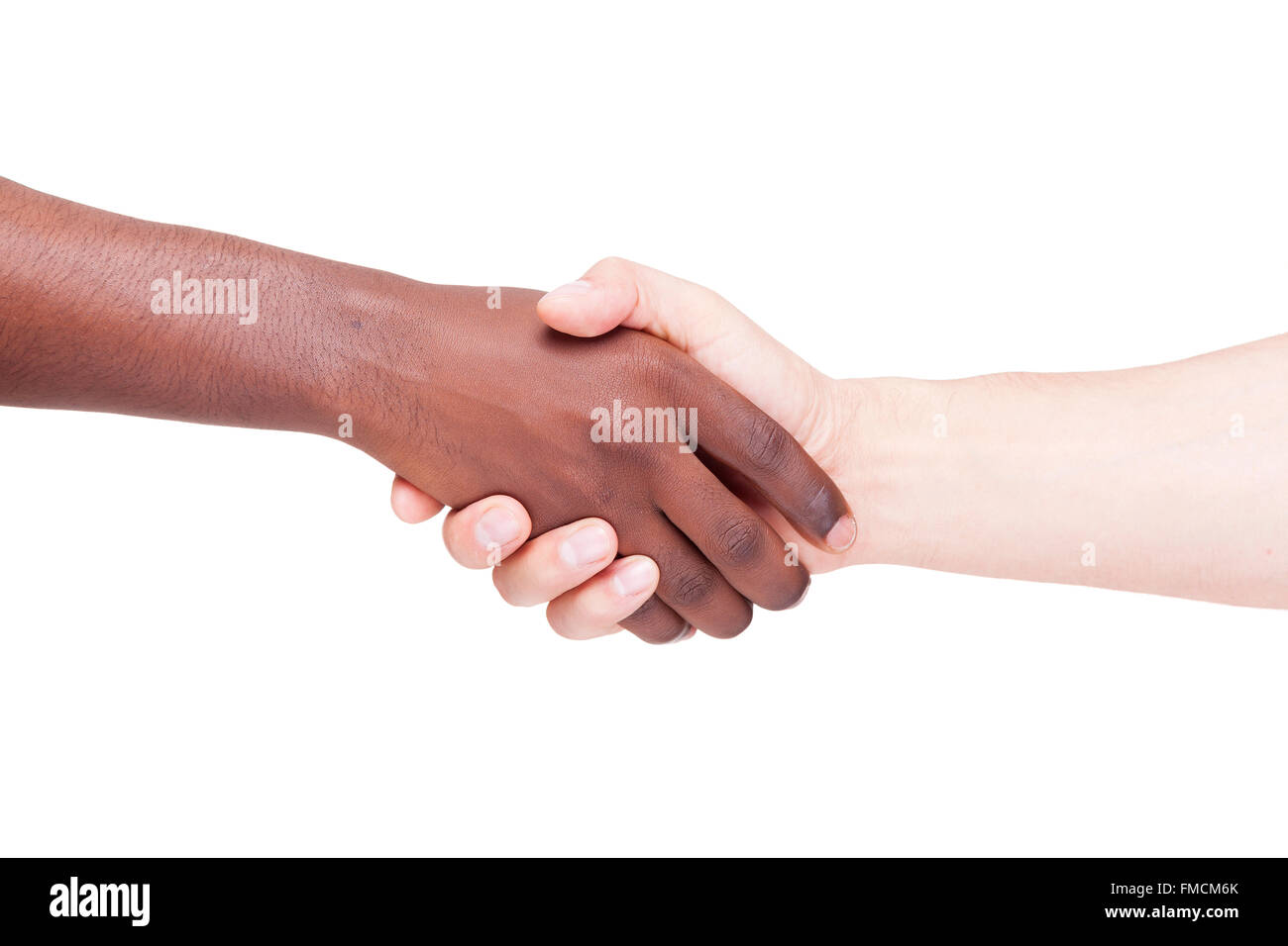 Image of a caucasian and african man shaking hands, isolated on white ...