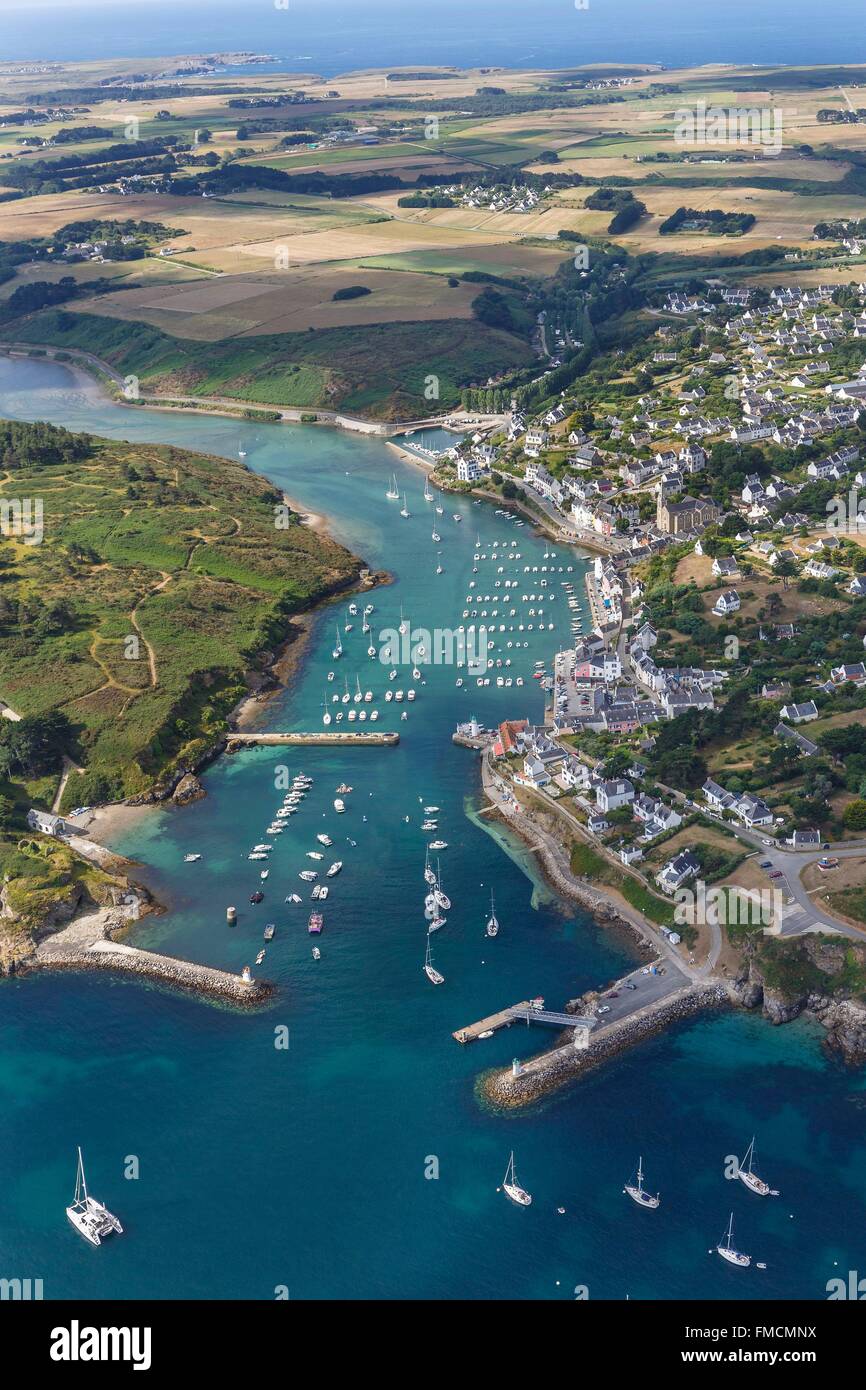 France, Morbihan, Belle Ile, Sauzon, the harbour and the village ...