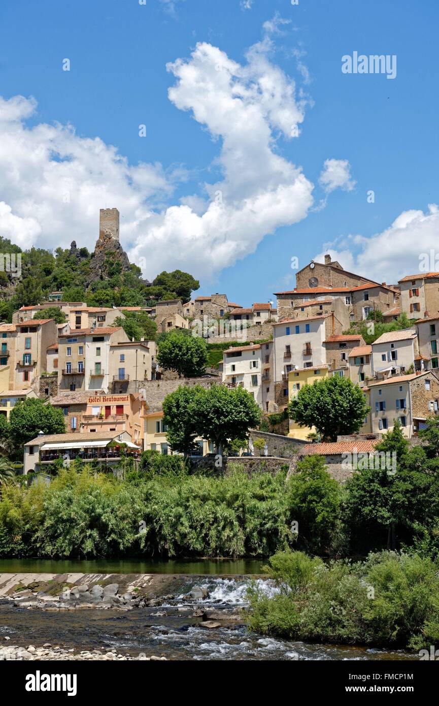 France, Herault, Orb valley, Roquebrun village and Orb River Stock ...