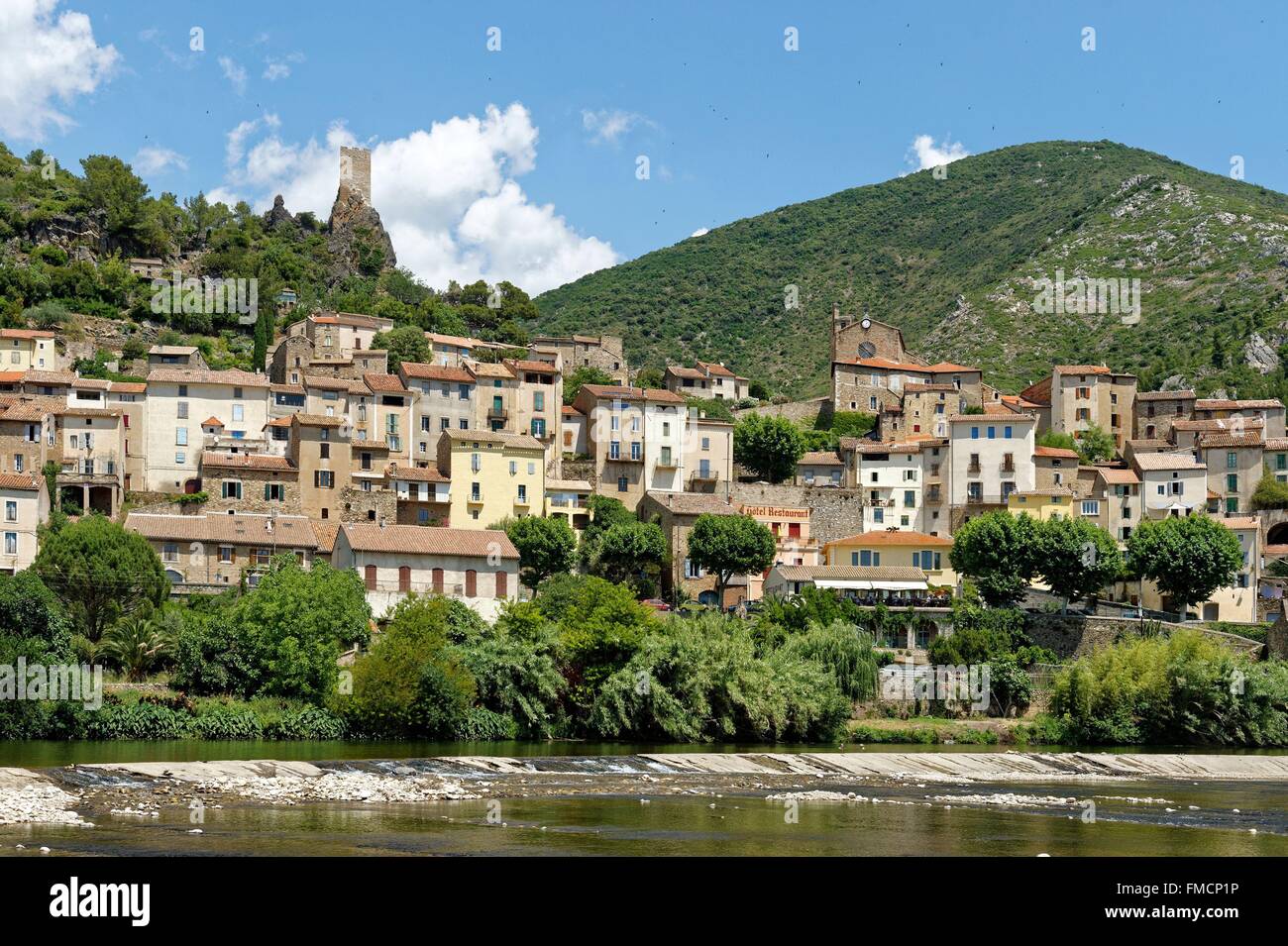 France, Herault, Orb valley, Roquebrun village and Orb River Stock ...