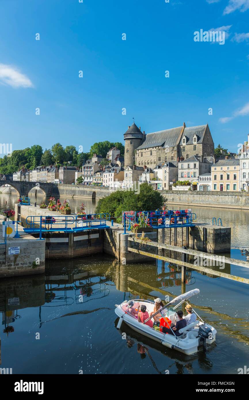 France, Mayenne, Laval, the banks of Mayenne river, the lock and the ...