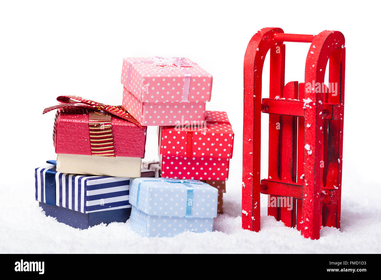 Red sled full of gift boxes, isolated on white background Stock Photo ...
