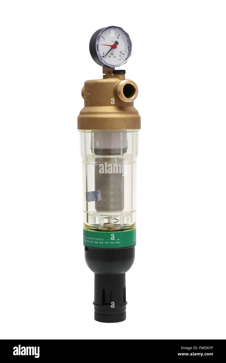 The filter with a manometer for water treating on a white background ...
