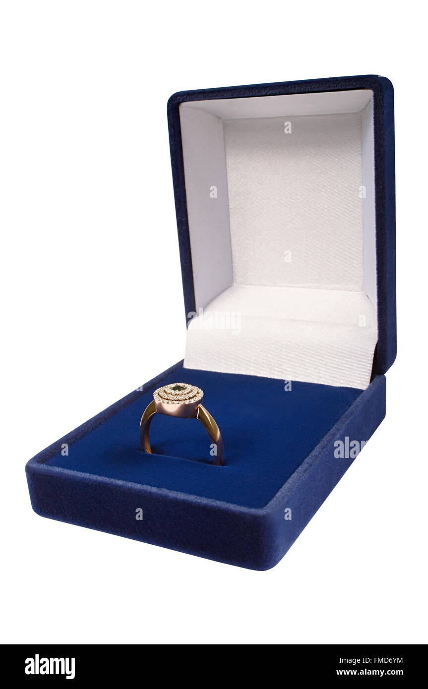 Gold ring in a dark blue box on a white background Stock Photo - Alamy