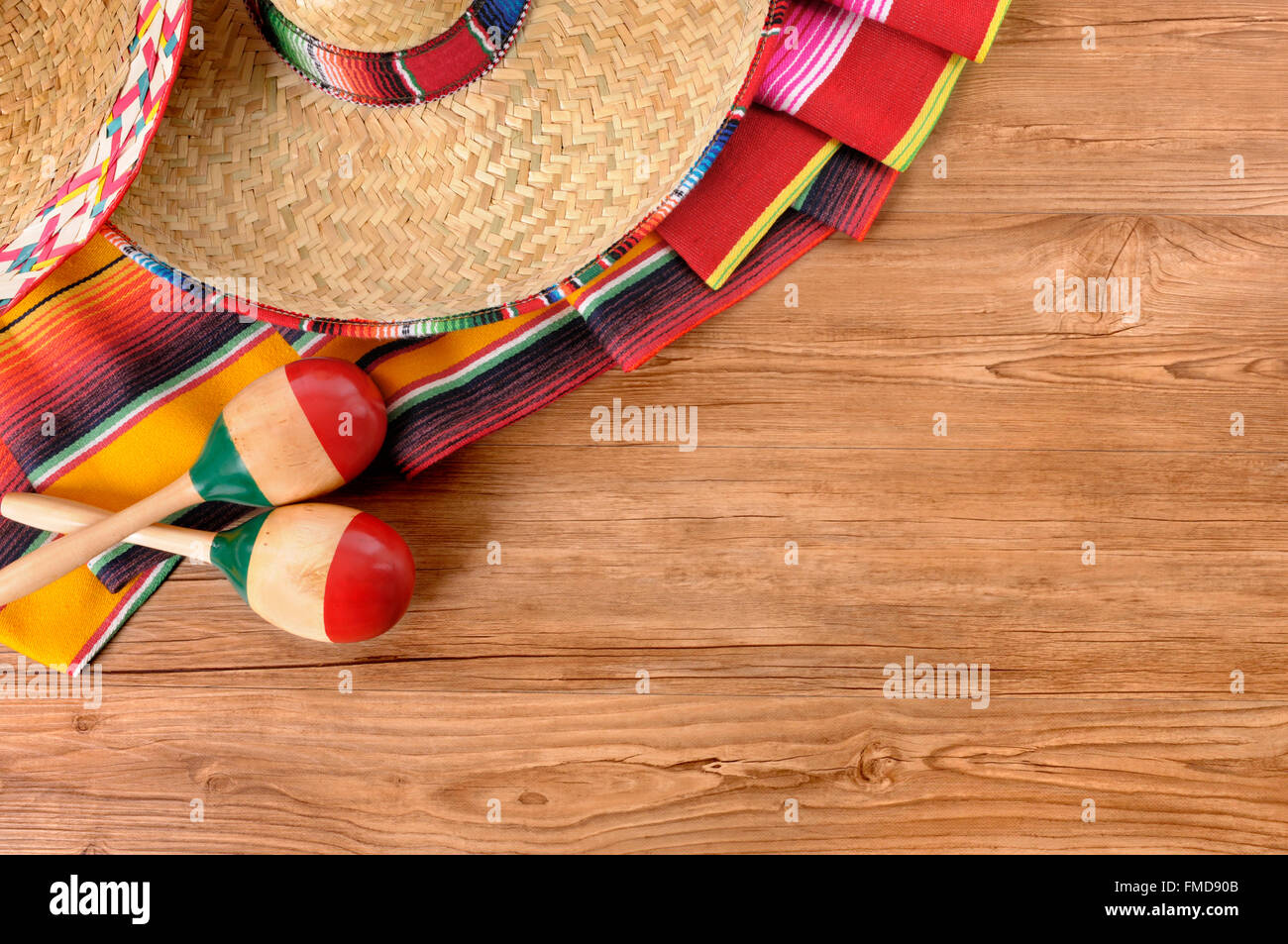 Mexican background with sombrero straw hat, maracas and traditional ...