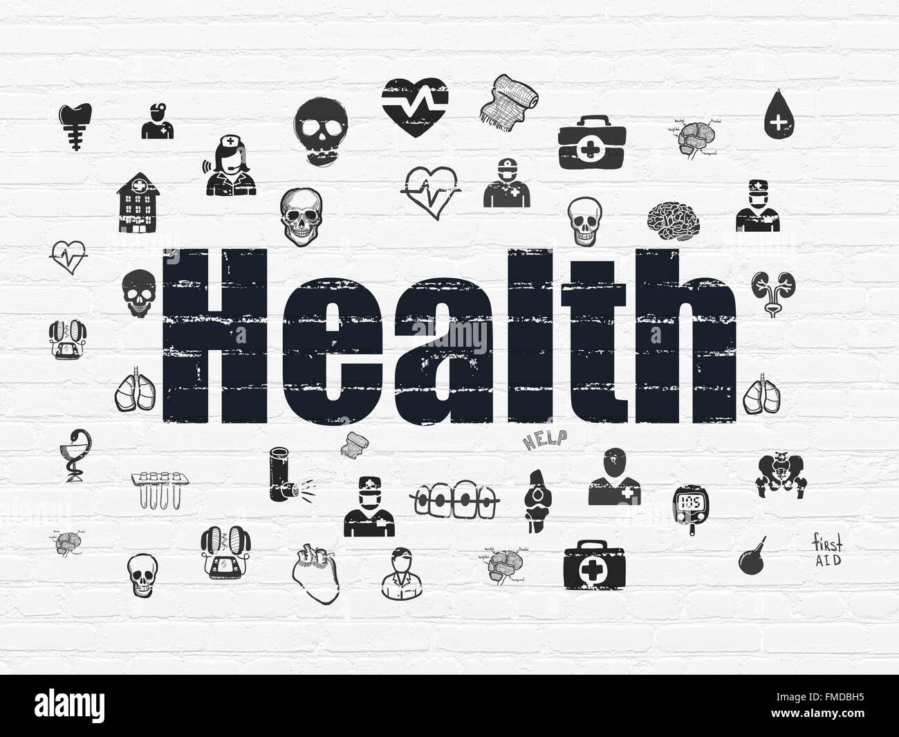 Health concept: Painted black text Health on White Brick wall ...