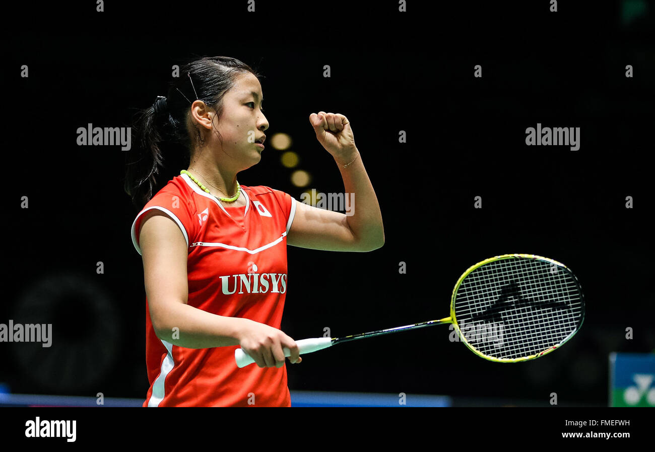 Birmingham. 11th Mar, 2016. Nozomi Okuhara of Japan celebrates after ...