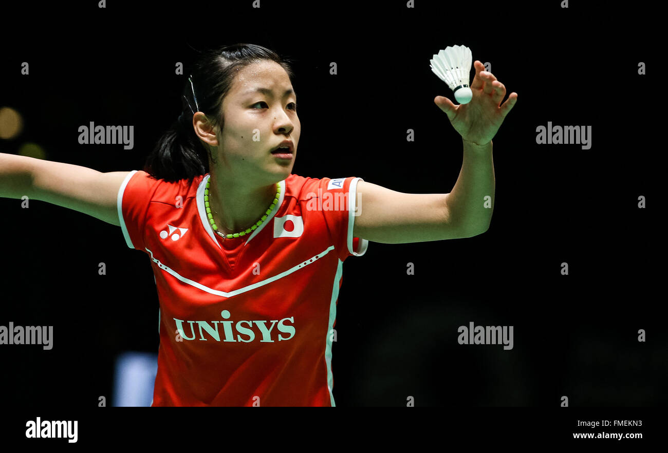 Birmingham. 11th Mar, 2016. Nozomi Okuhara of Japan serves during the ...