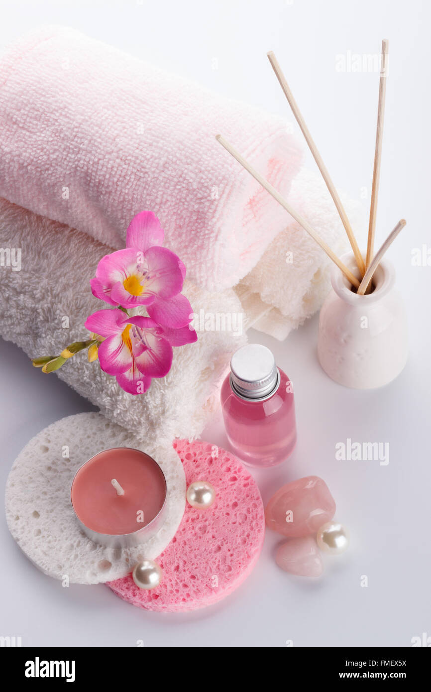 Spa setting and health care items, body lotion,soap,aroma sticks Stock ...