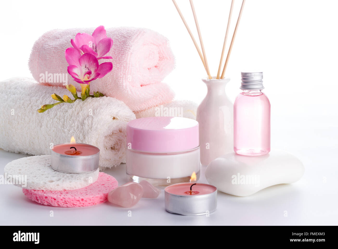 Spa setting and health care items, body lotion,soap,aroma sticks,oil ...