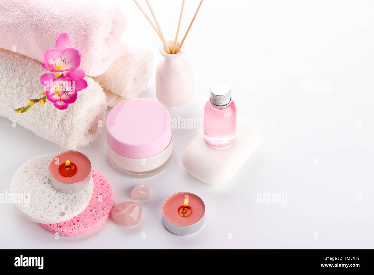 Spa setting and health care items, body lotion,soap,aroma sticks,oil ...