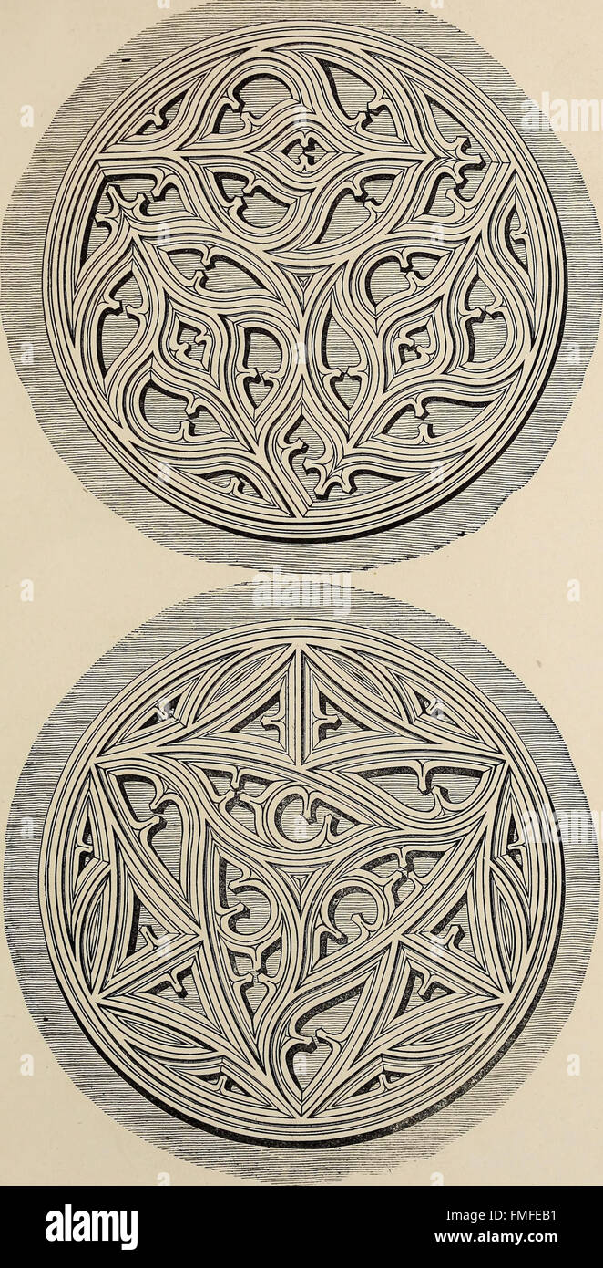 This 1851 work presents a collection of geometric tracery designs ...
