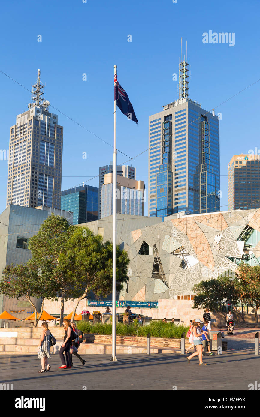 Federation Square and skyscrapers, Melbourne, Victoria, Australia Stock ...