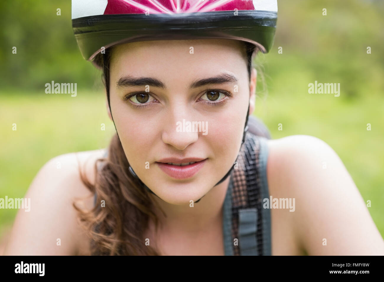 Portrait of woman with helmet Stock Photo - Alamy