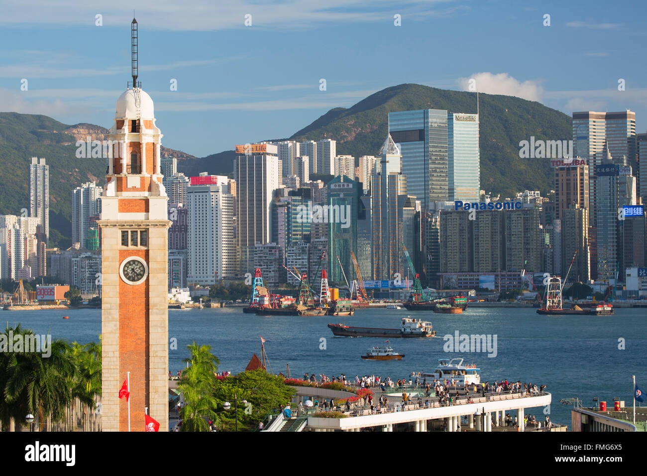 View of Former KCR clock tower and Hong Kong Island skyline, Hong Kong, China Stock Photo - Alamy
