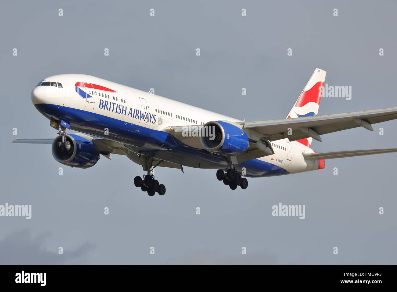 British Airways Boeing 777-200(ER) G-YMMG landing at Heathrow Airport, London, UK Stock Photo ...