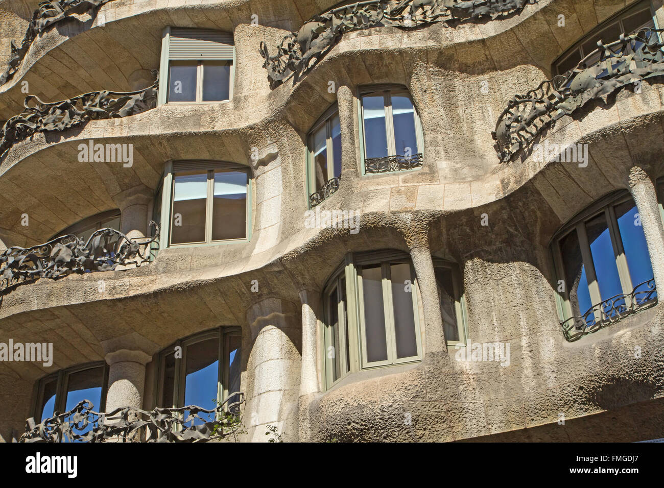 Closeup view of balcony and windows of famous building Casa Mila ...