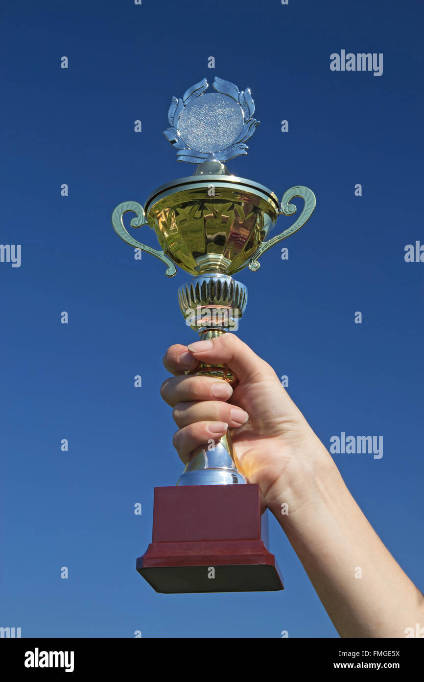 View of a hand holding a trophy cup. Blue sky in the background Stock ...